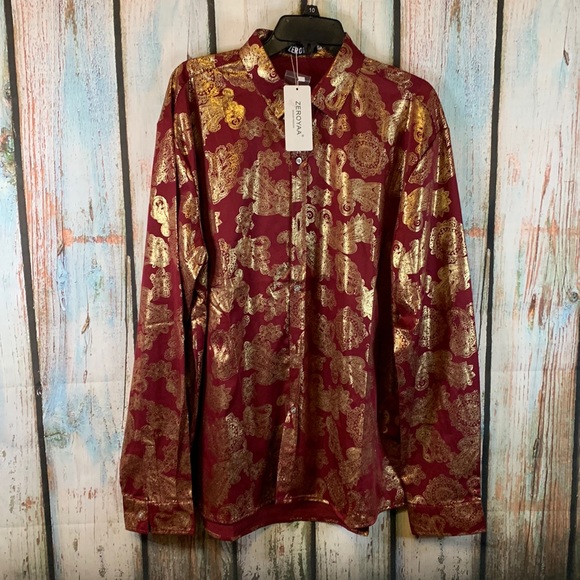 Zeroyaa | Shirts | Nwt Zeroyaa Dark Red With Shiny Gold Paisley Print ...